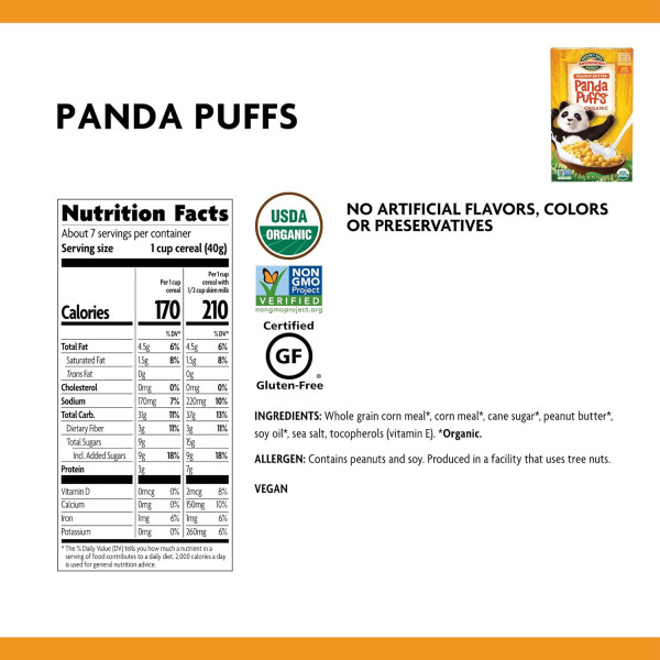 Panda Puffs Organic Peanut Butter Cereal, 10.6 Ounce, Gluten Free, Non ...